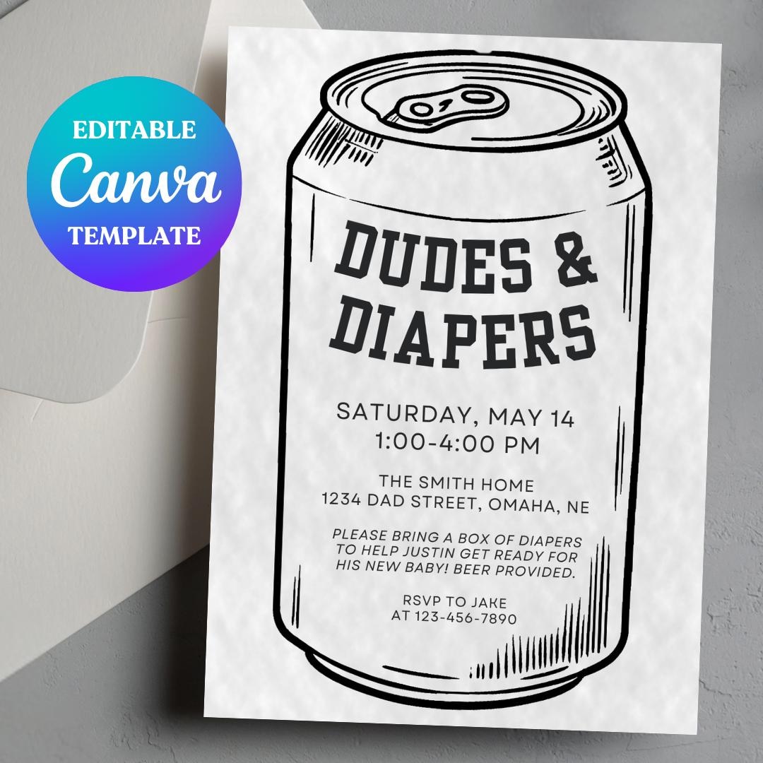 Editable Dudes and Diapers Baby Shower Invitation Template for Men ...