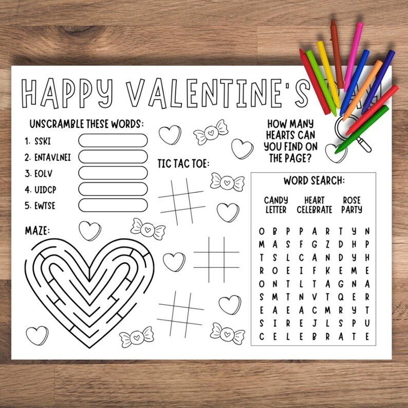 Valentine's Day Activity Placemat, Valentine's Day Coloring Placemat ...