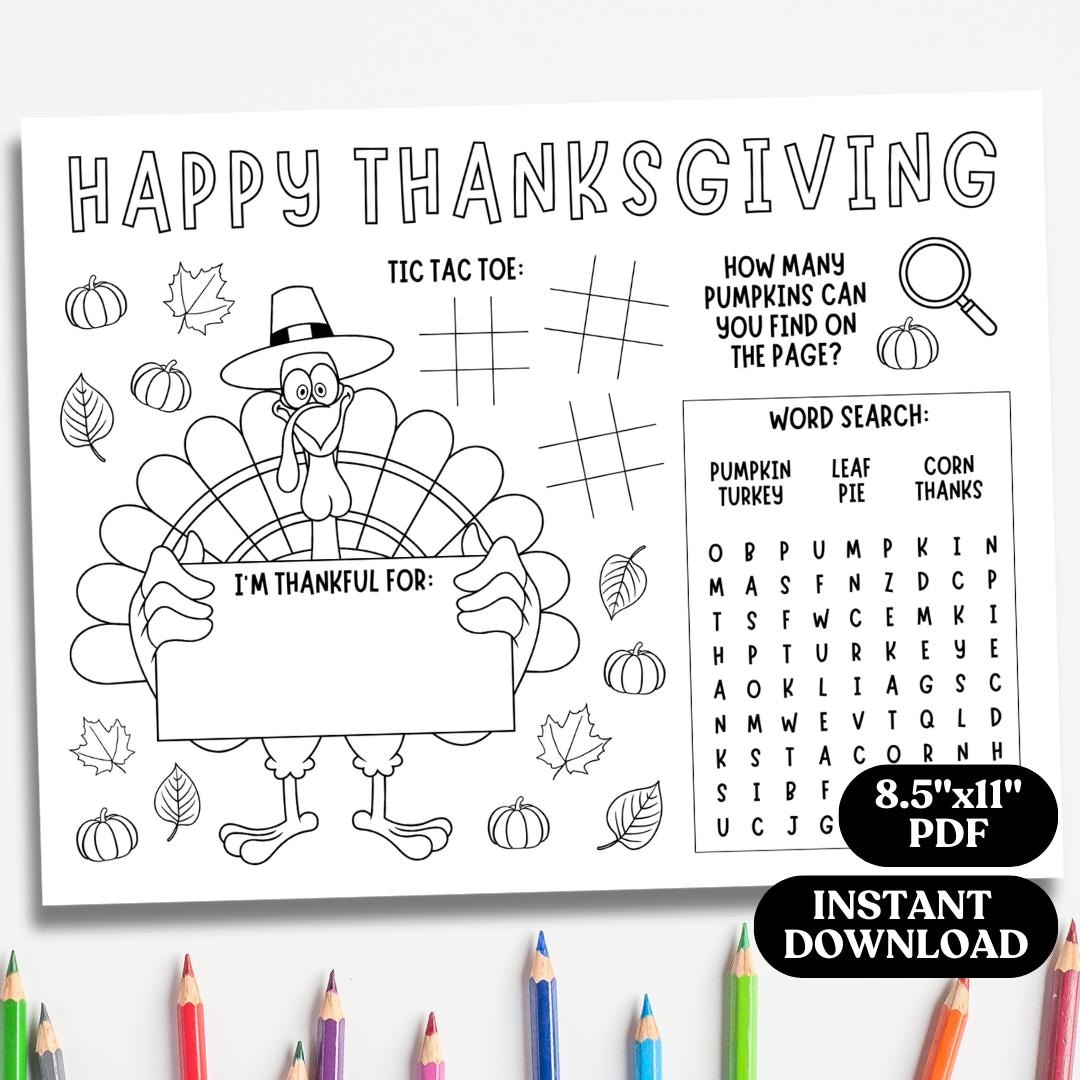 Thanksgiving Placemat for Kids, Printable Thanksgiving Coloring ...