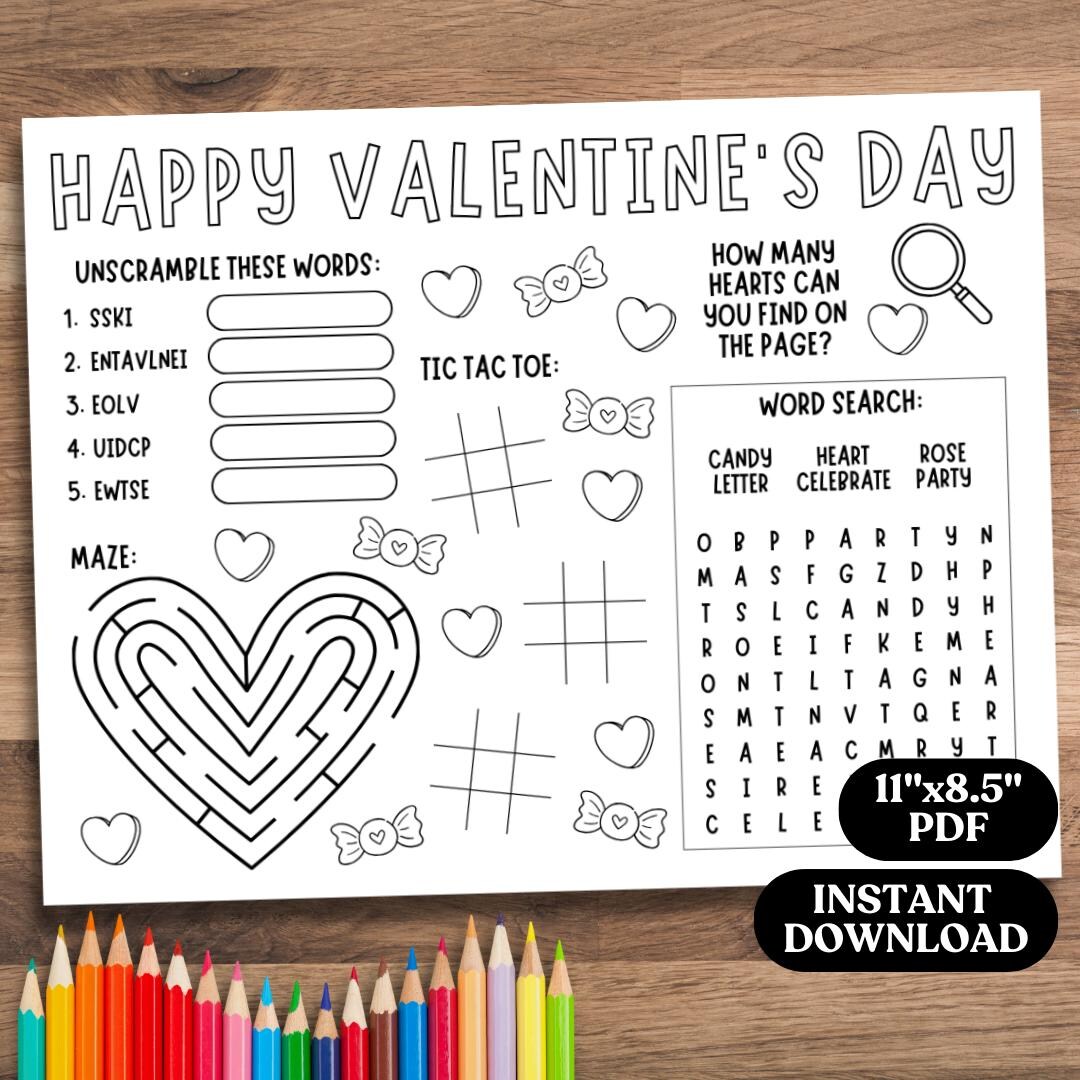 Valentine's Day Activity Placemat, Valentine's Day Coloring Placemat ...