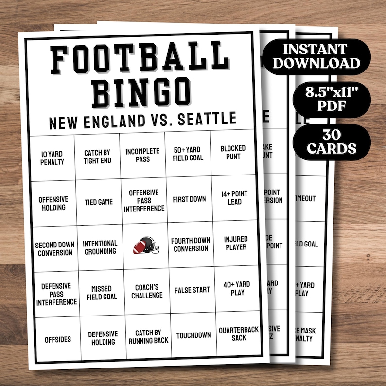Football Bingo, 30 Unique Printable Football Bingo Cards, Super Big ...