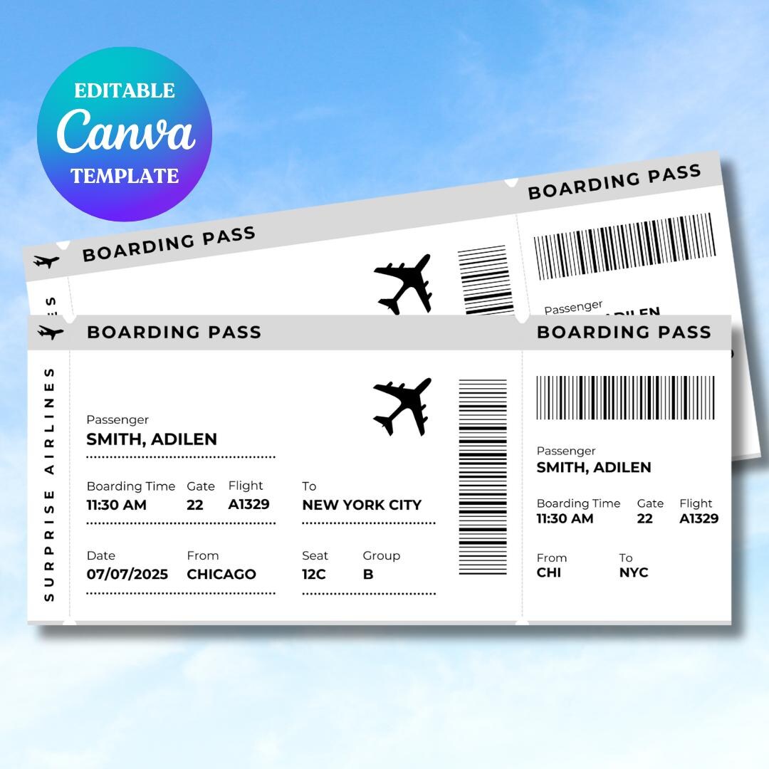 Editable Boarding Pass Gift, Personalized Airline Ticket Gift, Surprise ...