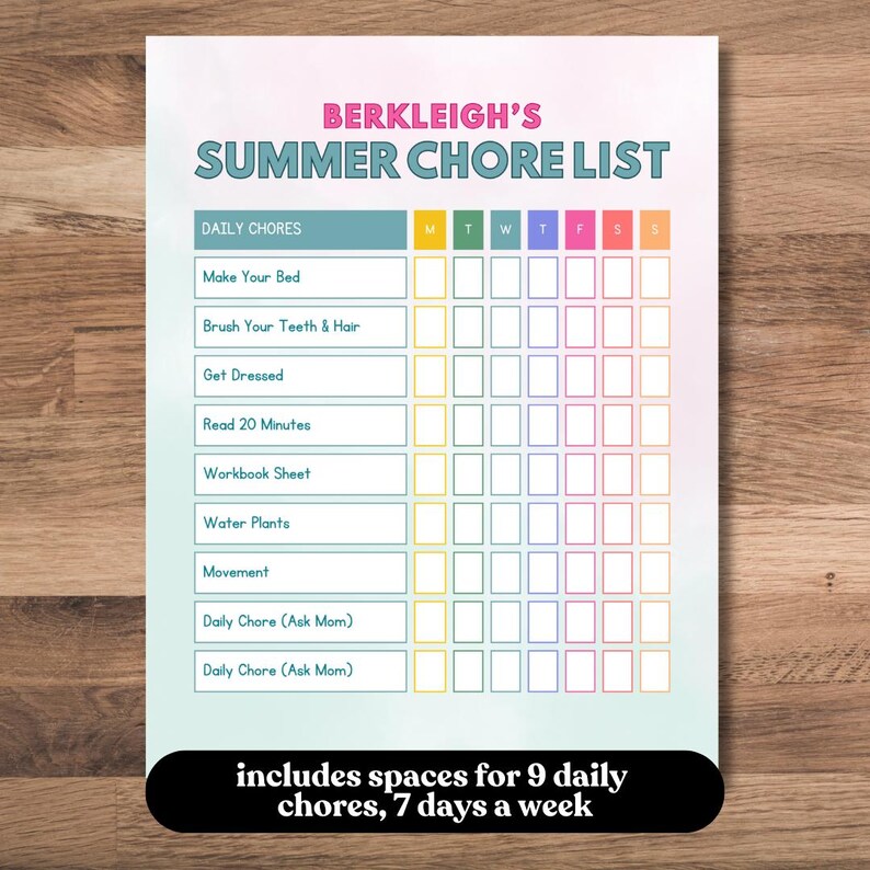 Editable Kids Summer Chore List Template, Editable Chore Chart, Child ...