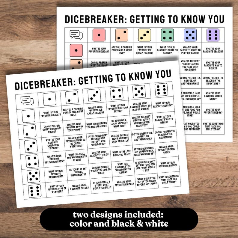 Editable Dicebreaker Roll and Tell Game, Table Talk Dice, Editable ...