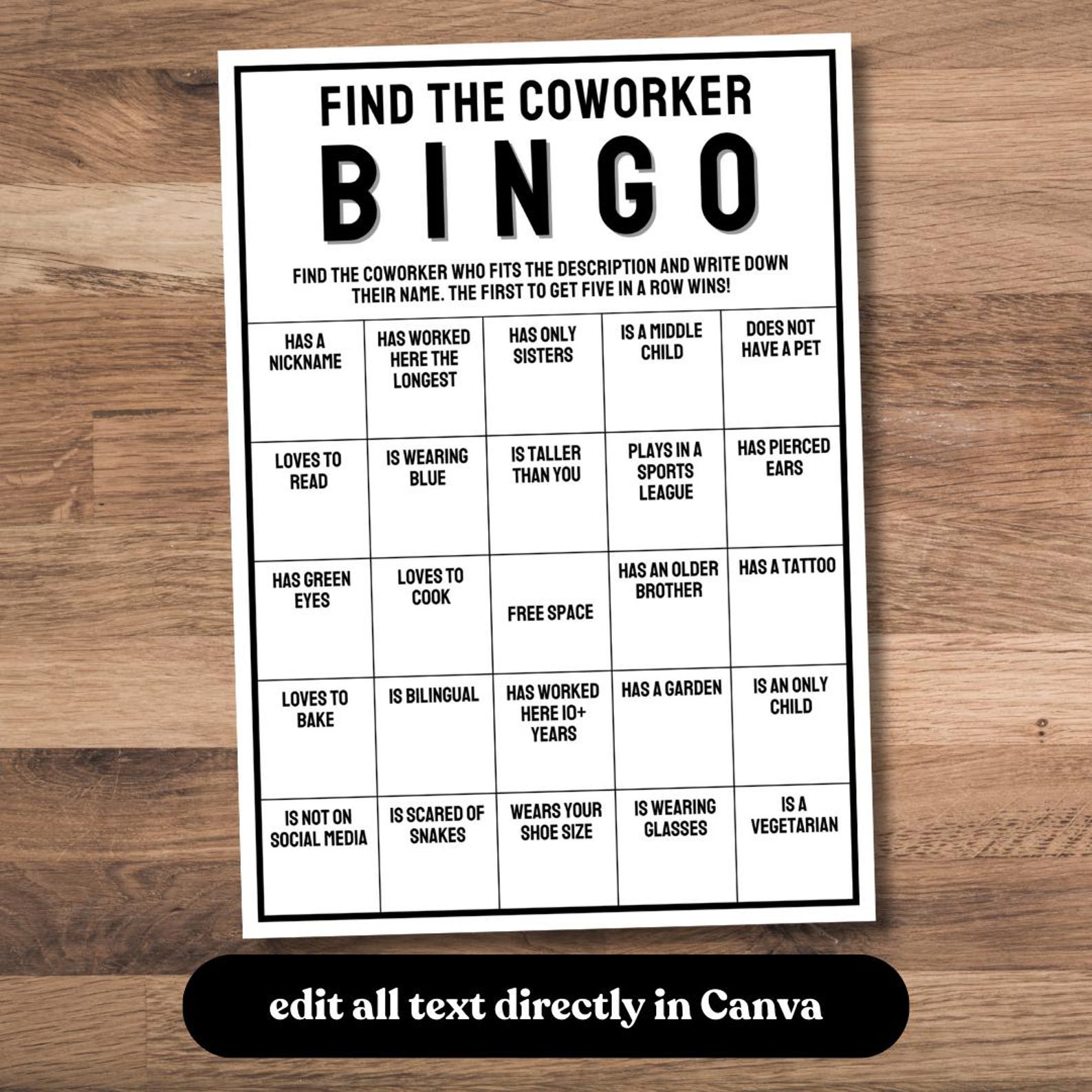 Editable Coworker Bingo, Employee Bingo, Networking Activity, Get to ...