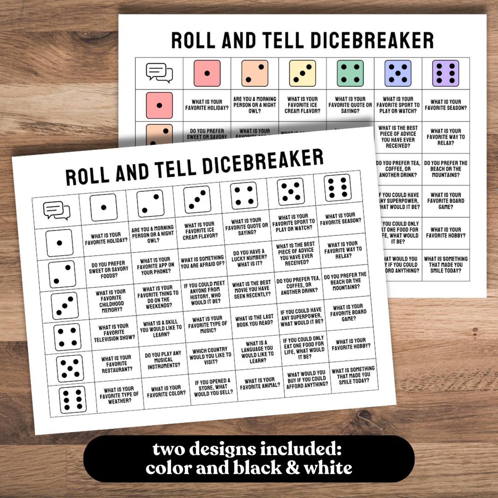 Editable Dicebreaker Roll and Tell Game, Table Talk Dice, Editable ...