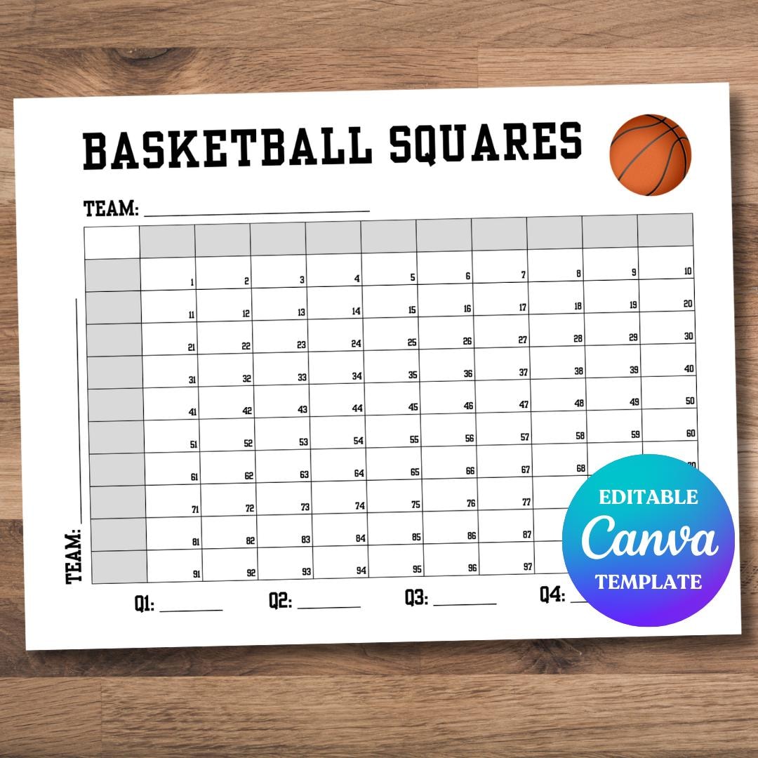 Editable Basketball Squares Template, 100 Basketball Squares Game ...