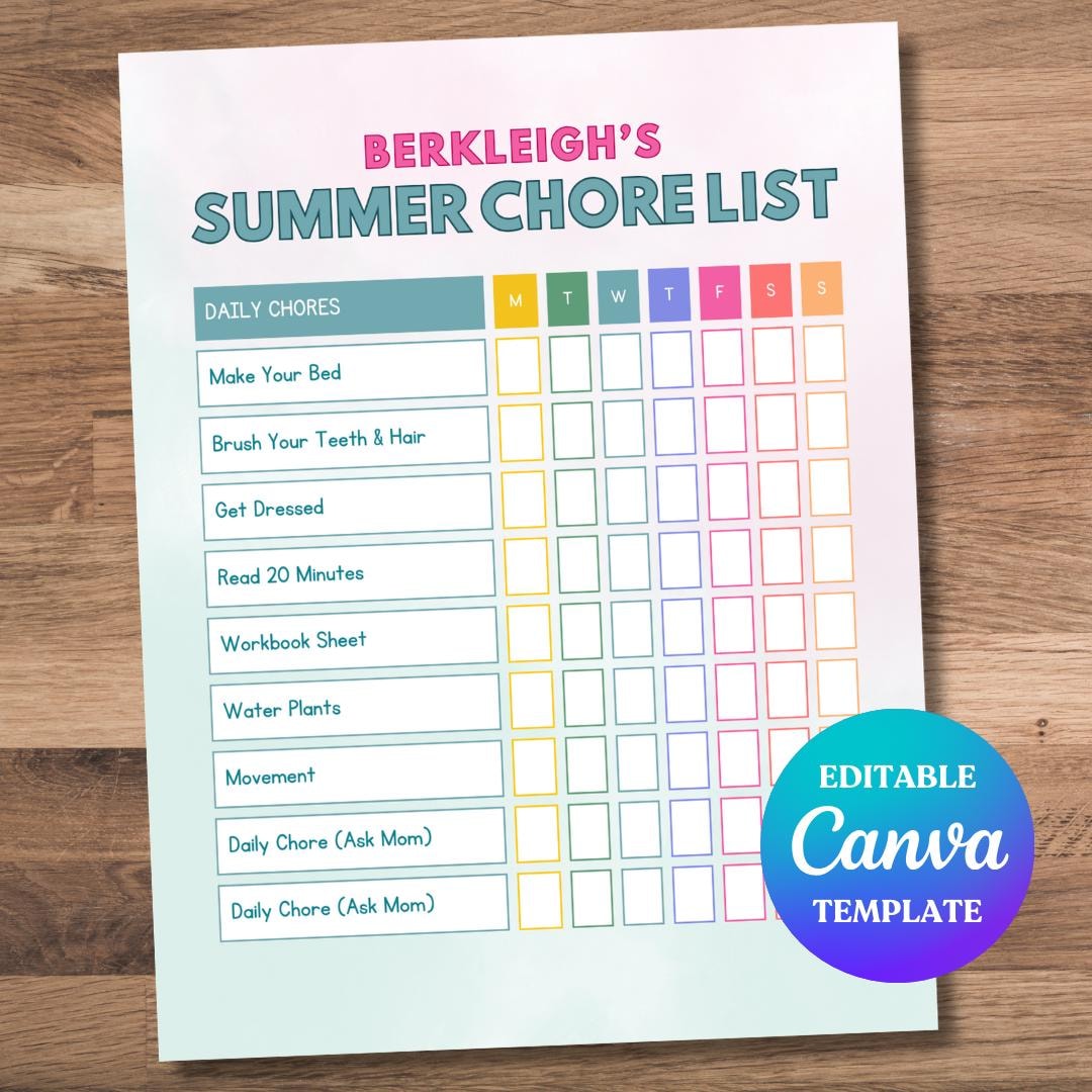 Editable Kids Summer Chore List Template, Editable Chore Chart, Child ...