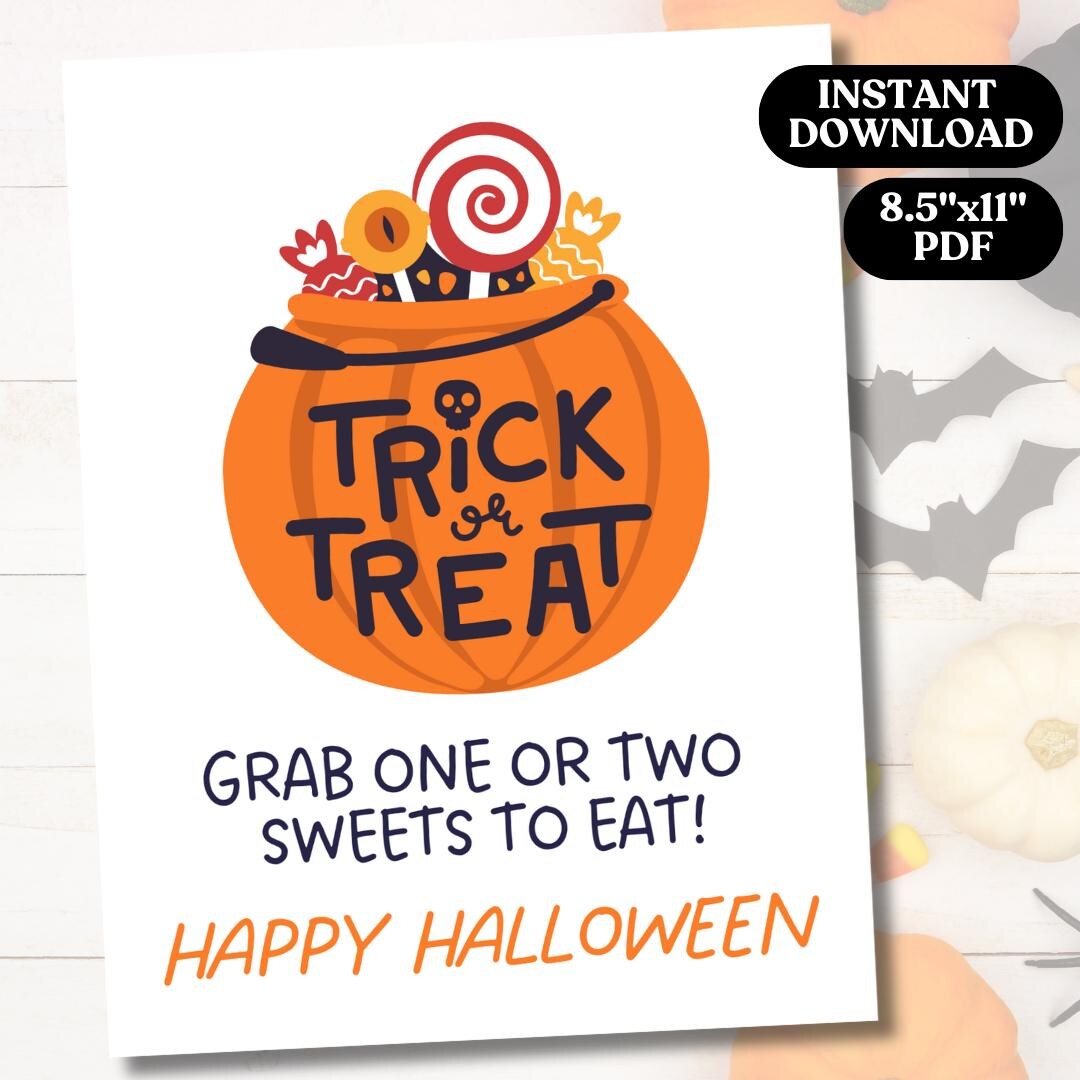 Halloween Trick or Treat Sign, Halloween Candy Sign, Printable Trick or ...