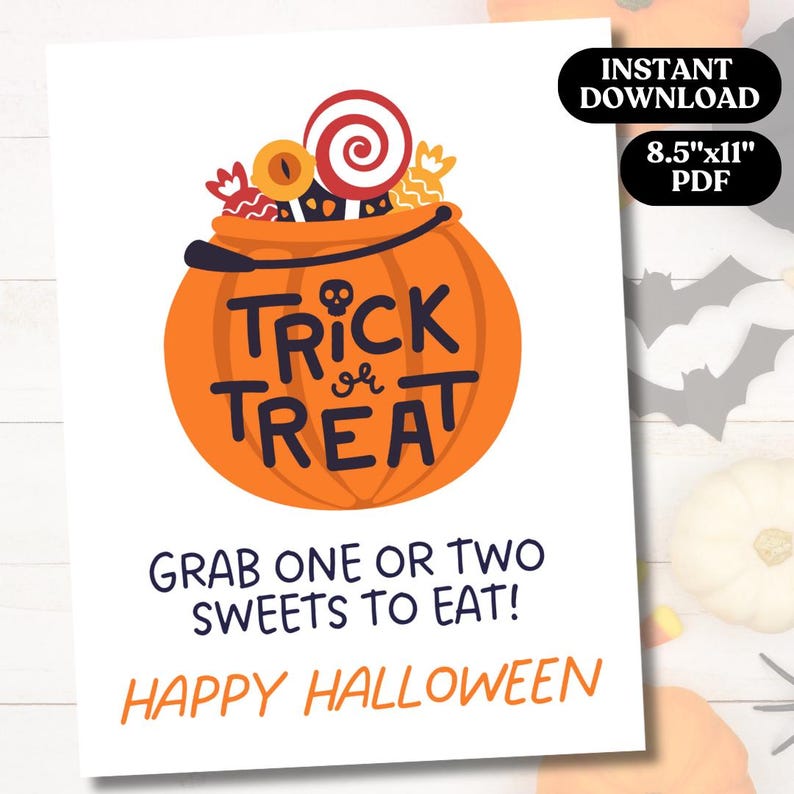 Halloween Trick or Treat Sign, Halloween Candy Sign, Printable Trick or ...