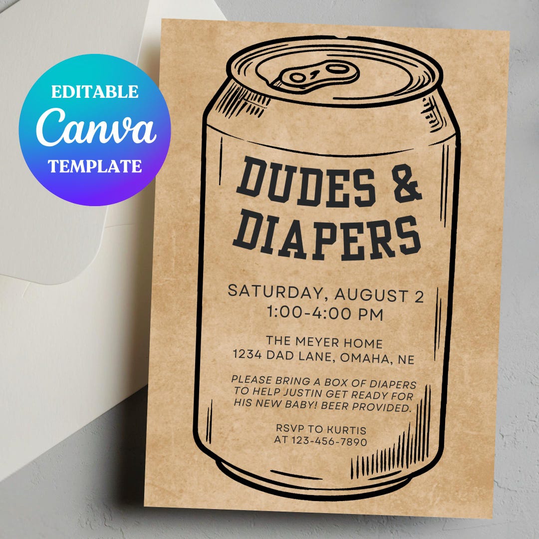 Editable Dudes and Diapers Baby Shower Invitation Template for Men ...