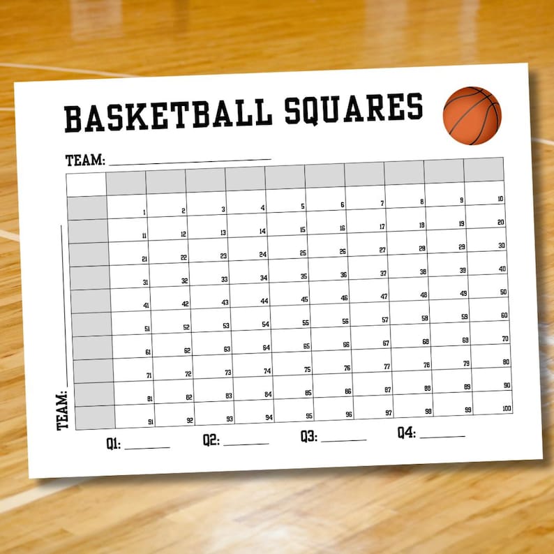 Editable 100 Basketball Squares Game Template, 4 Quarter Basketball ...