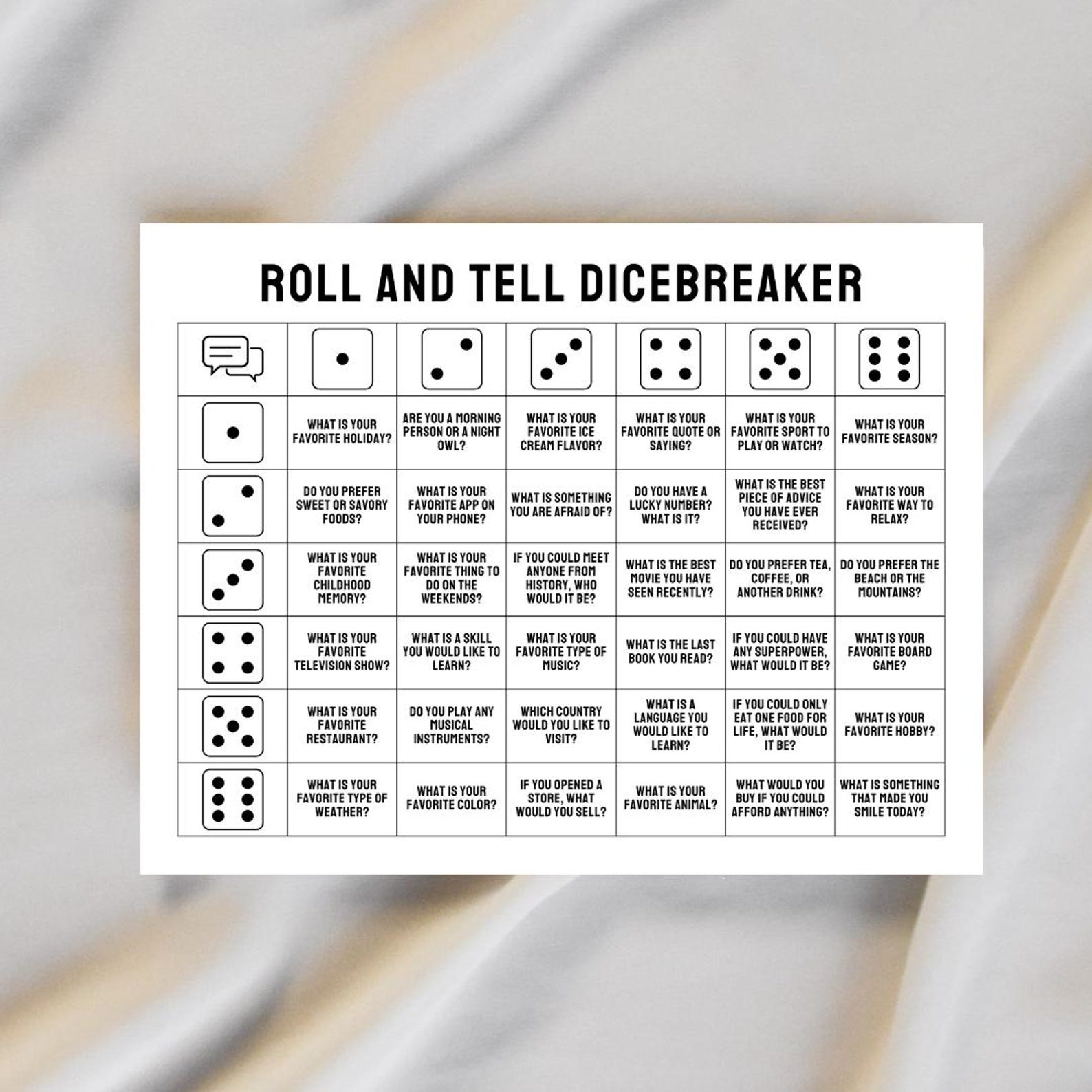 Printable Icebreaker Activity, Dice Icebreaker, Roll and Tell Game, Get ...