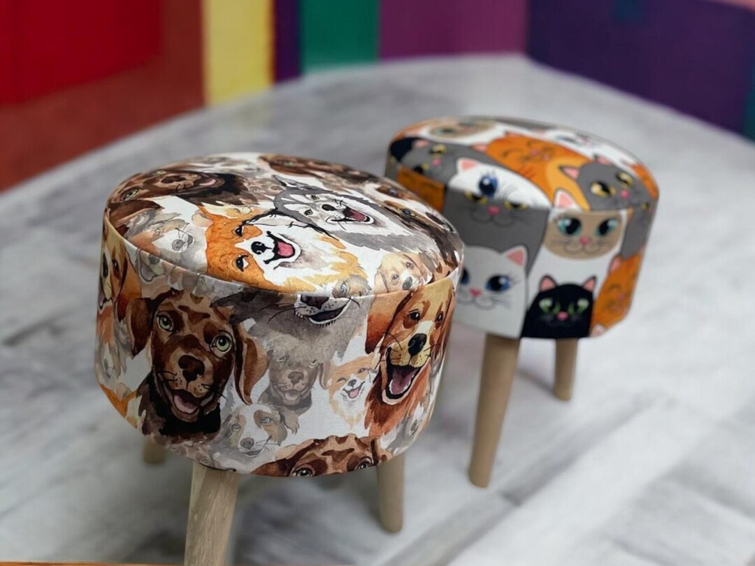 Round Poufs With Cat and Dog Patterns, Cat Patterned Pouf, Dog ...
