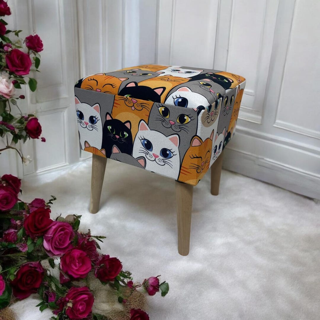 Cat Face Square Pouf, Makeup Pouf, Hallway Bench, Dressing Table Pouf ...