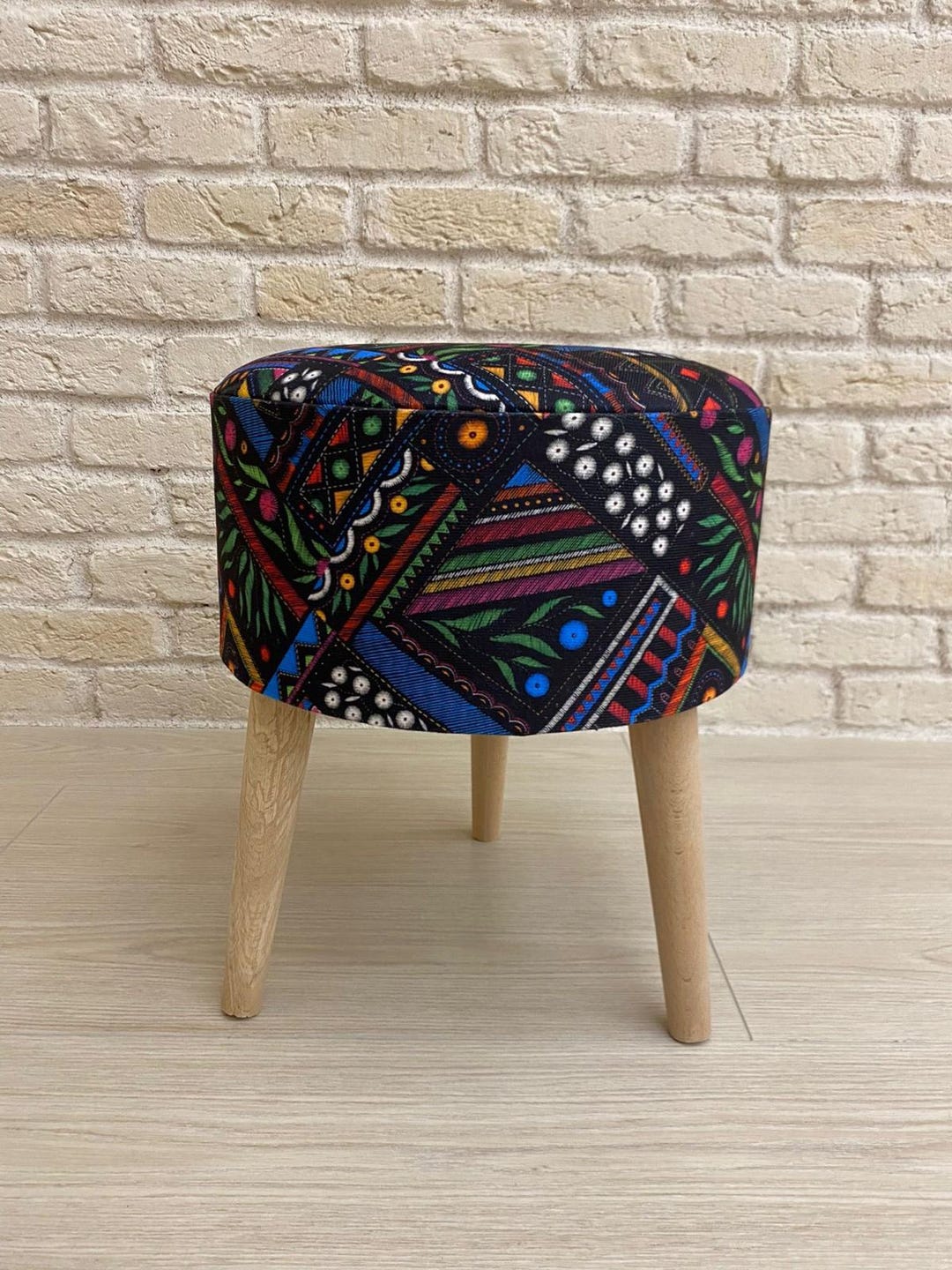 Bohemian Style Bench, Colorful Pouf , Entryway Round Bench, Hallway ...