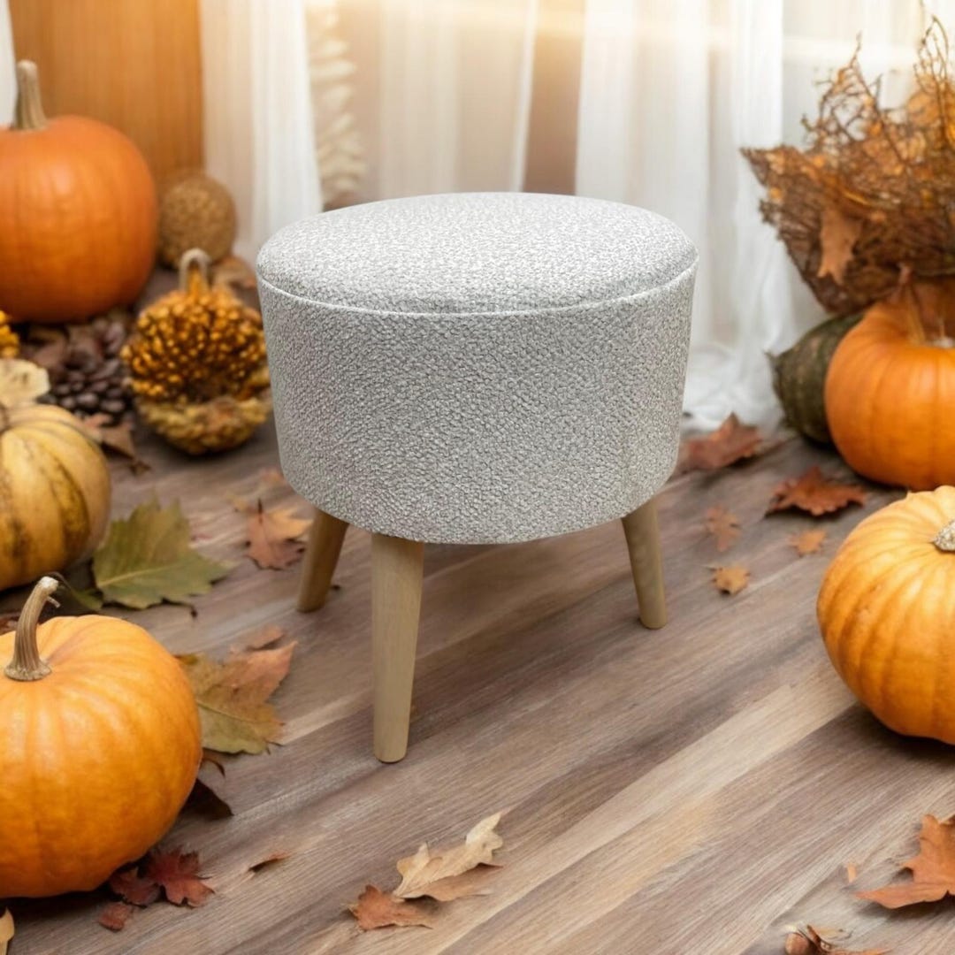 White Round Teddy Pouf, Handmade Furniture, Hallway Pouf, Make-up Pouf ...