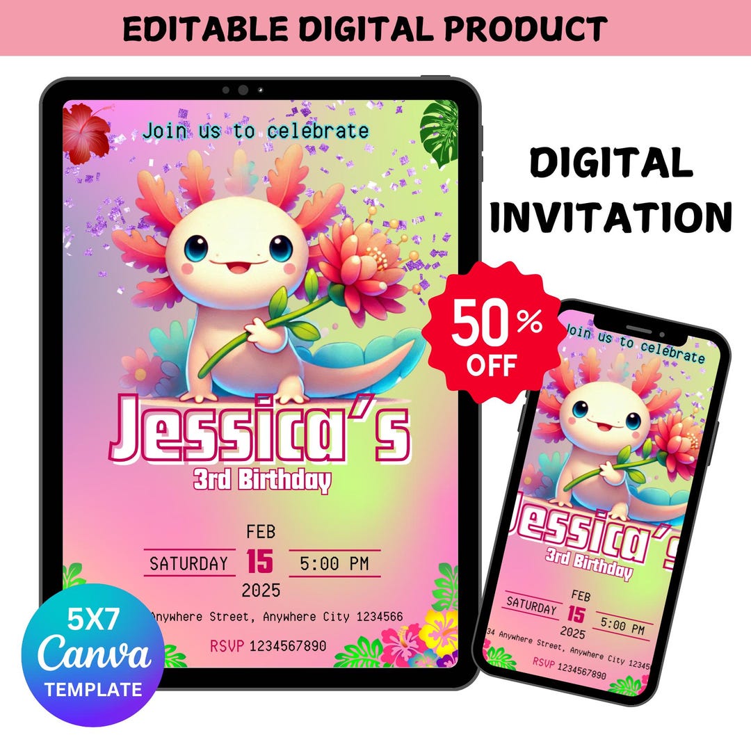 Axolotl Birthday Invitation: Editable Kids Party Invite (canva Template ...