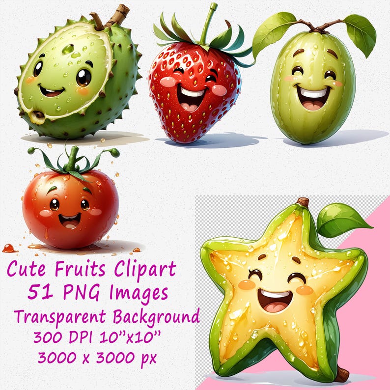 Cute Fruits Clipart, Cute Food, Kawaii Fruit Clipart, Funny Fruits ...