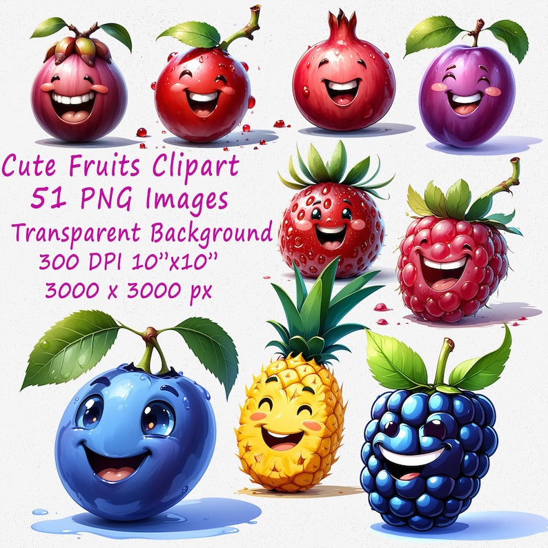 Cute Fruits Clipart, Cute Food, Kawaii Fruit Clipart, Funny Fruits ...
