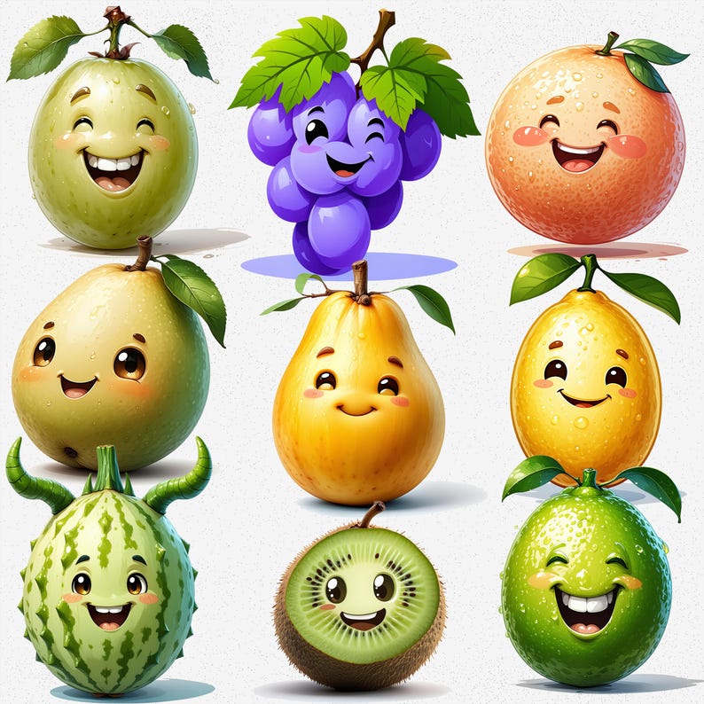 Cute Fruits Clipart, Cute Food, Kawaii Fruit Clipart, Funny Fruits ...