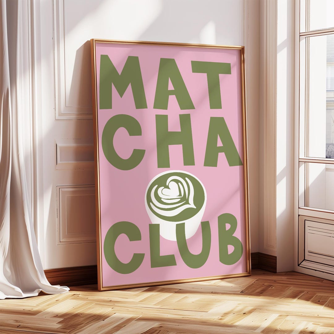 Cute Pink Matcha Latte Club Print Trendy Kitchen Decor Wall Art Coffee ...