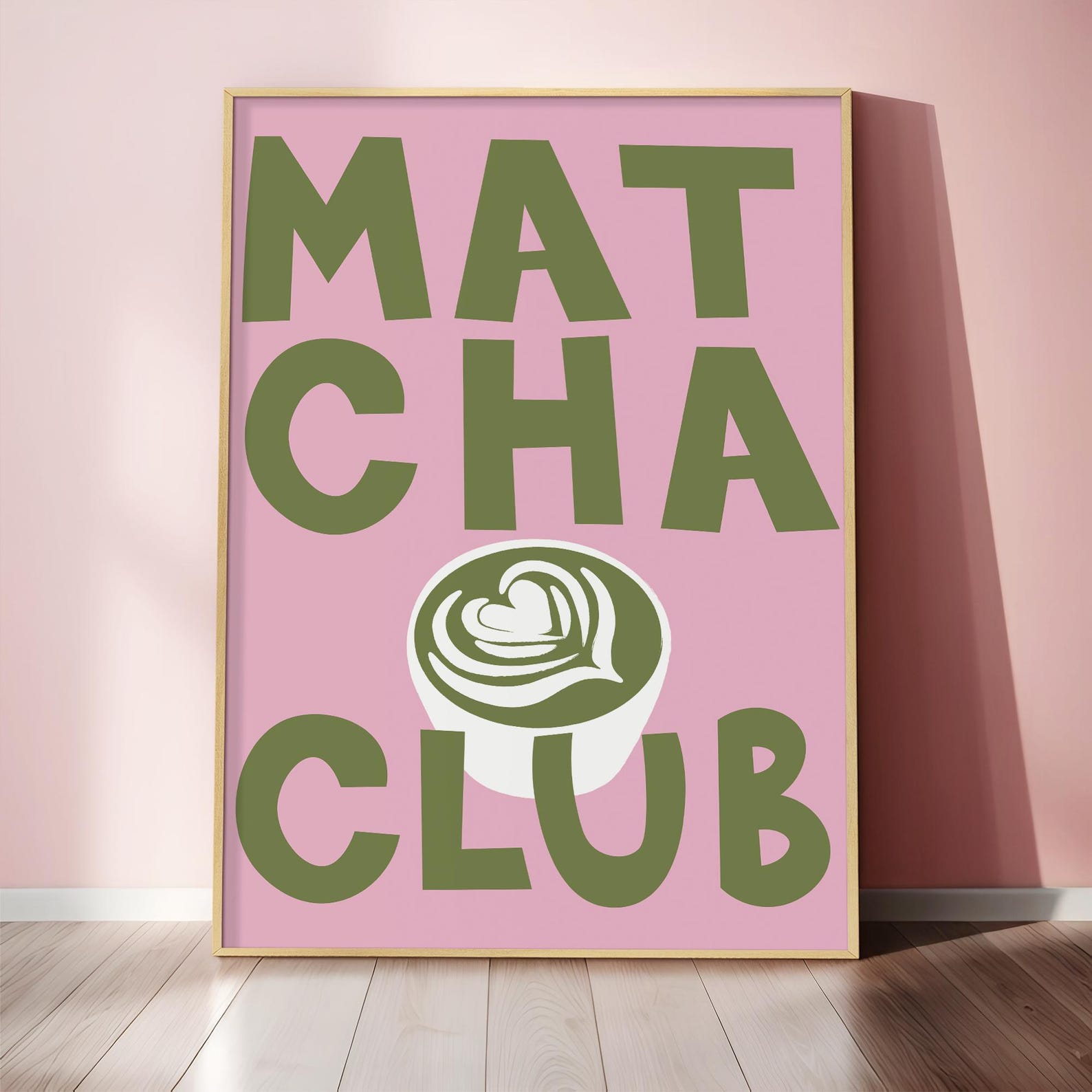 Cute Pink Matcha Latte Club Print Trendy Kitchen Decor Wall Art Coffee ...