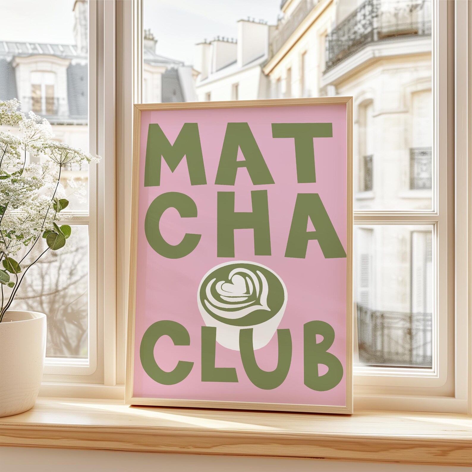 Cute Pink Matcha Latte Club Print Trendy Kitchen Decor Wall Art Coffee ...