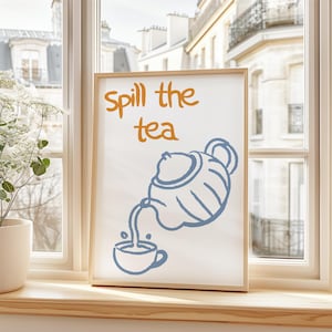 Spill the Tea Wall Print Funny Hand Drawn Tea Cup Poster Retro Trendy ...