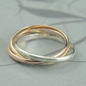 Tri Color Rolling Ring 2mm Wide Intertwined Bands Silver, Rose Gold and ...