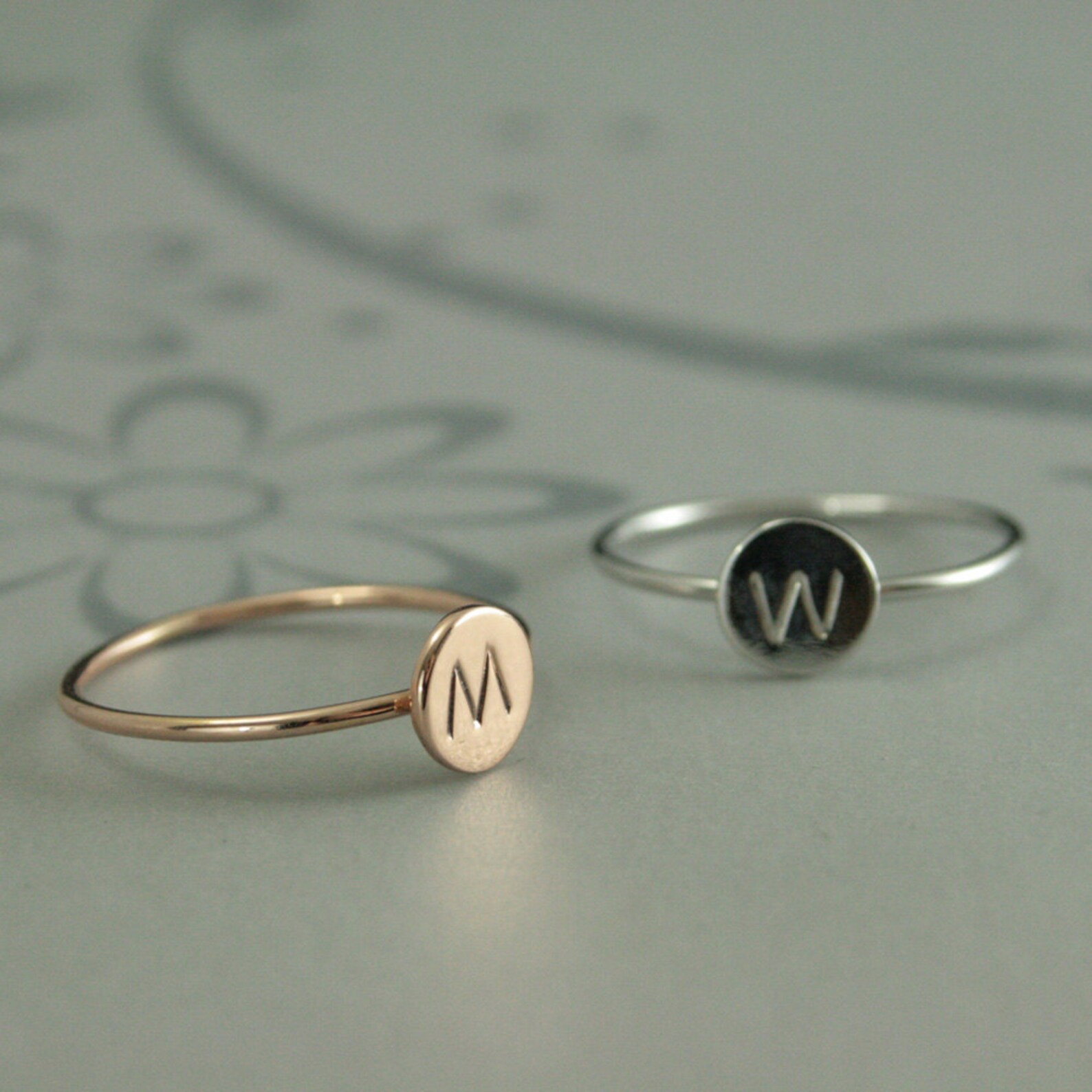 14K White Gold Initial Ringhand Stamped Monogram Stacking - Etsy