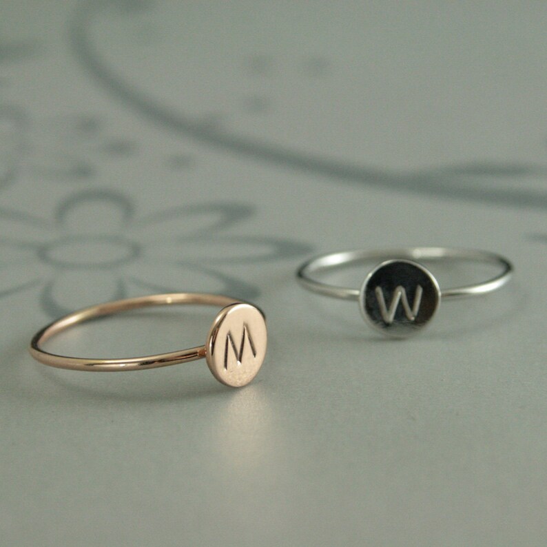 14K White Gold Initial Ringhand Stamped Monogram Stacking - Etsy