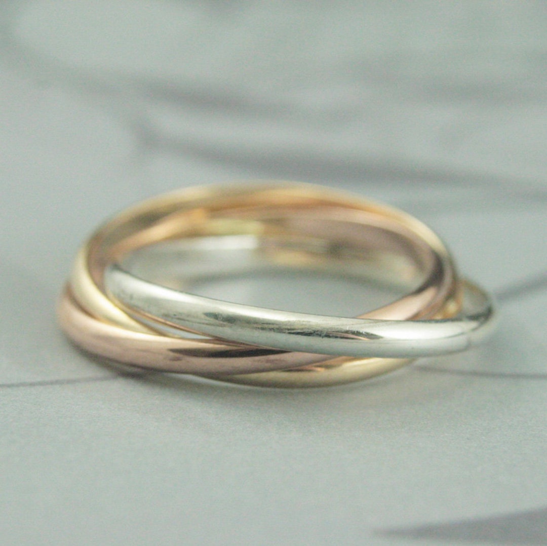Tri Color Rolling Ring 2mm Wide Intertwined Bands Silver, Rose Gold and ...
