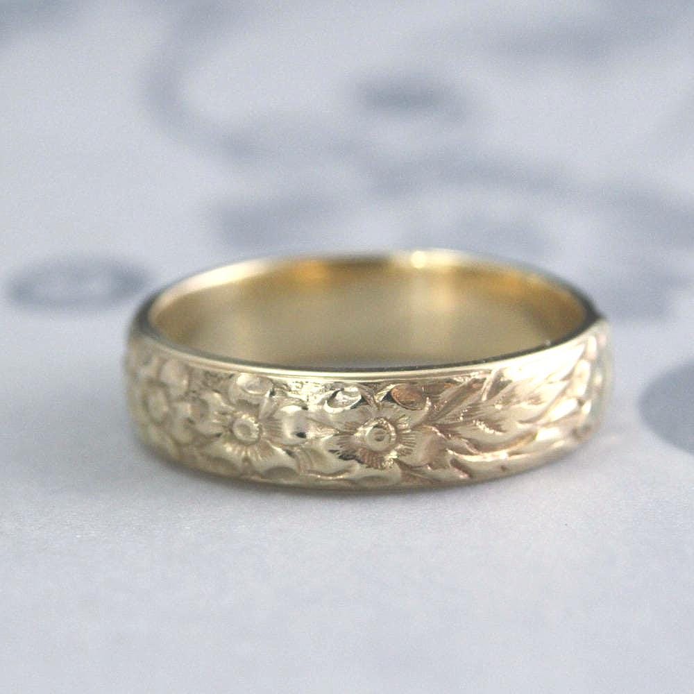 14K Gold Floral Ring~gold Wedding Band~wide Gold Band~gold Flower Band ...