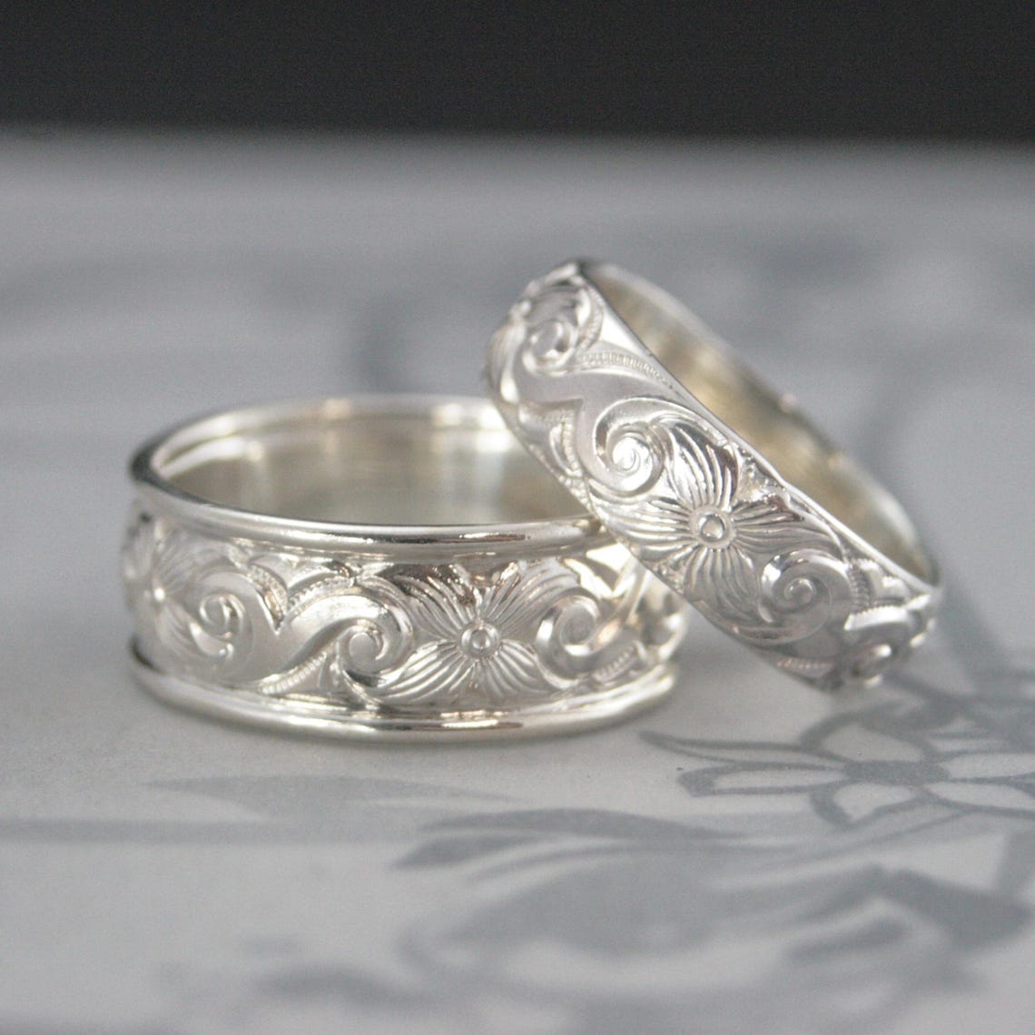 Wide Wedding Ring Set Silver Flower Rings Silver Wedding Band Set ...