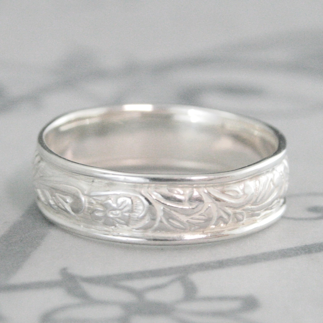 Wide Silver Band Men's Wedding Ring Floral Embossed Ring Women's Silver ...