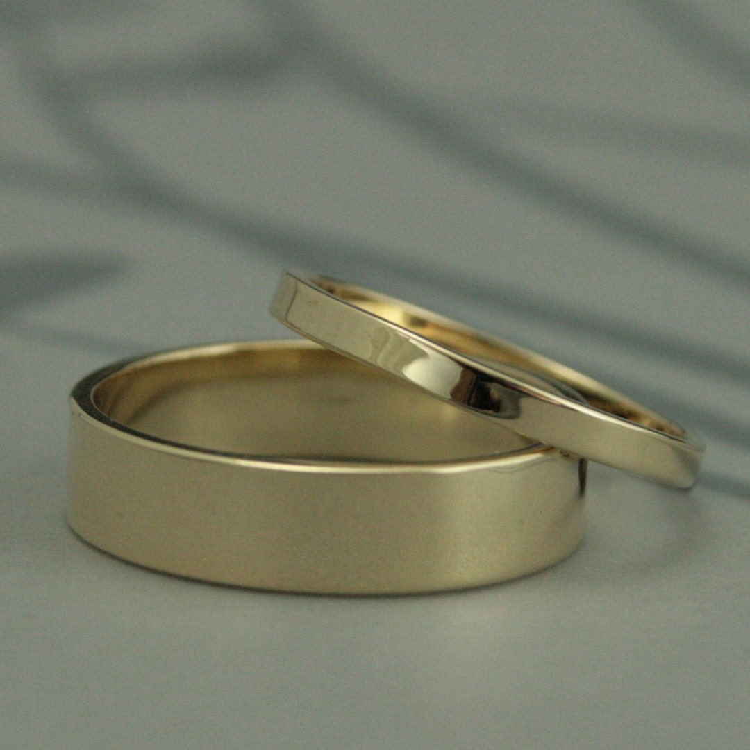 Solid 14K Gold Flat Modern Wedding Band Set--straight and Narrow ...