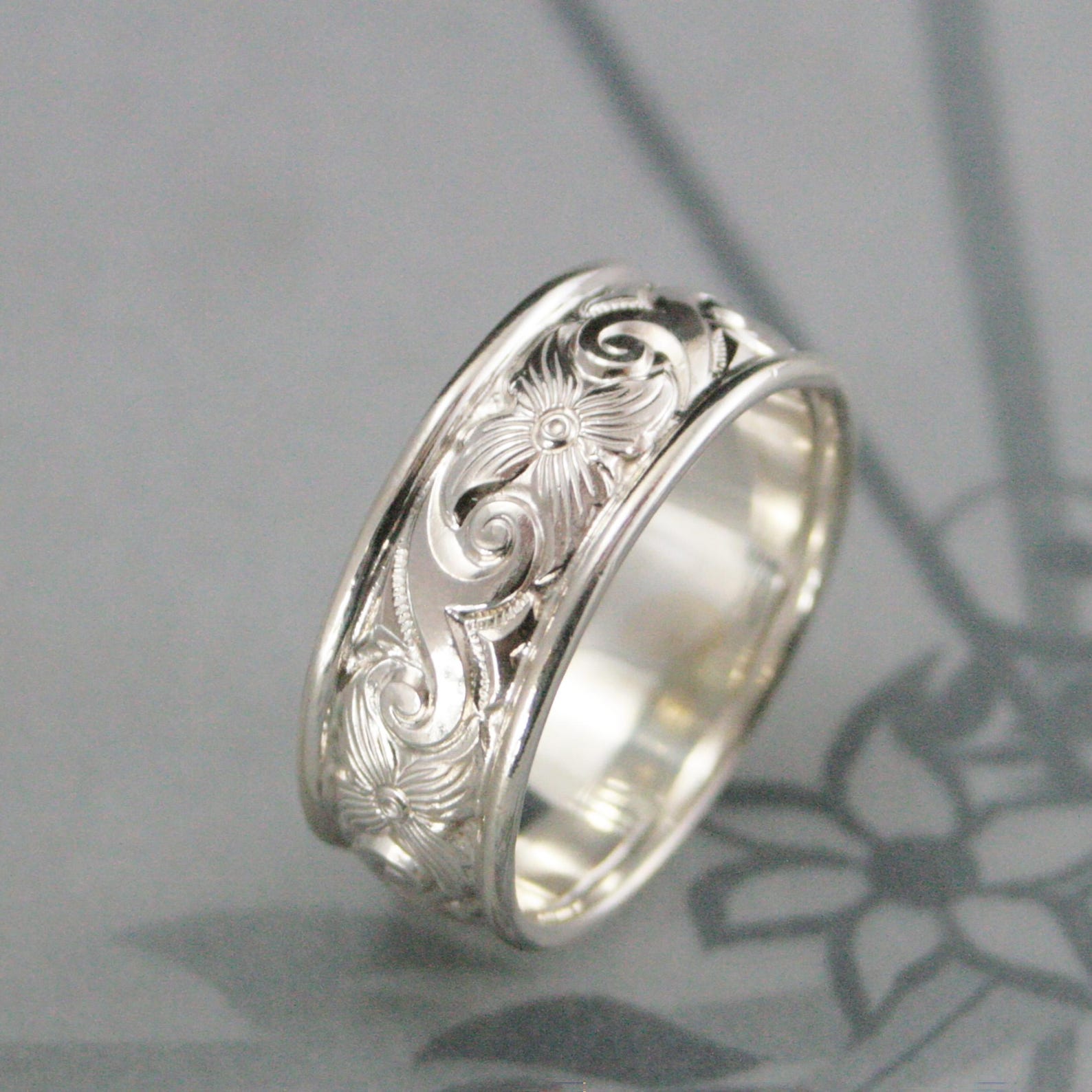 Wide Wedding Ring Set Silver Flower Rings Silver Wedding Band Set ...