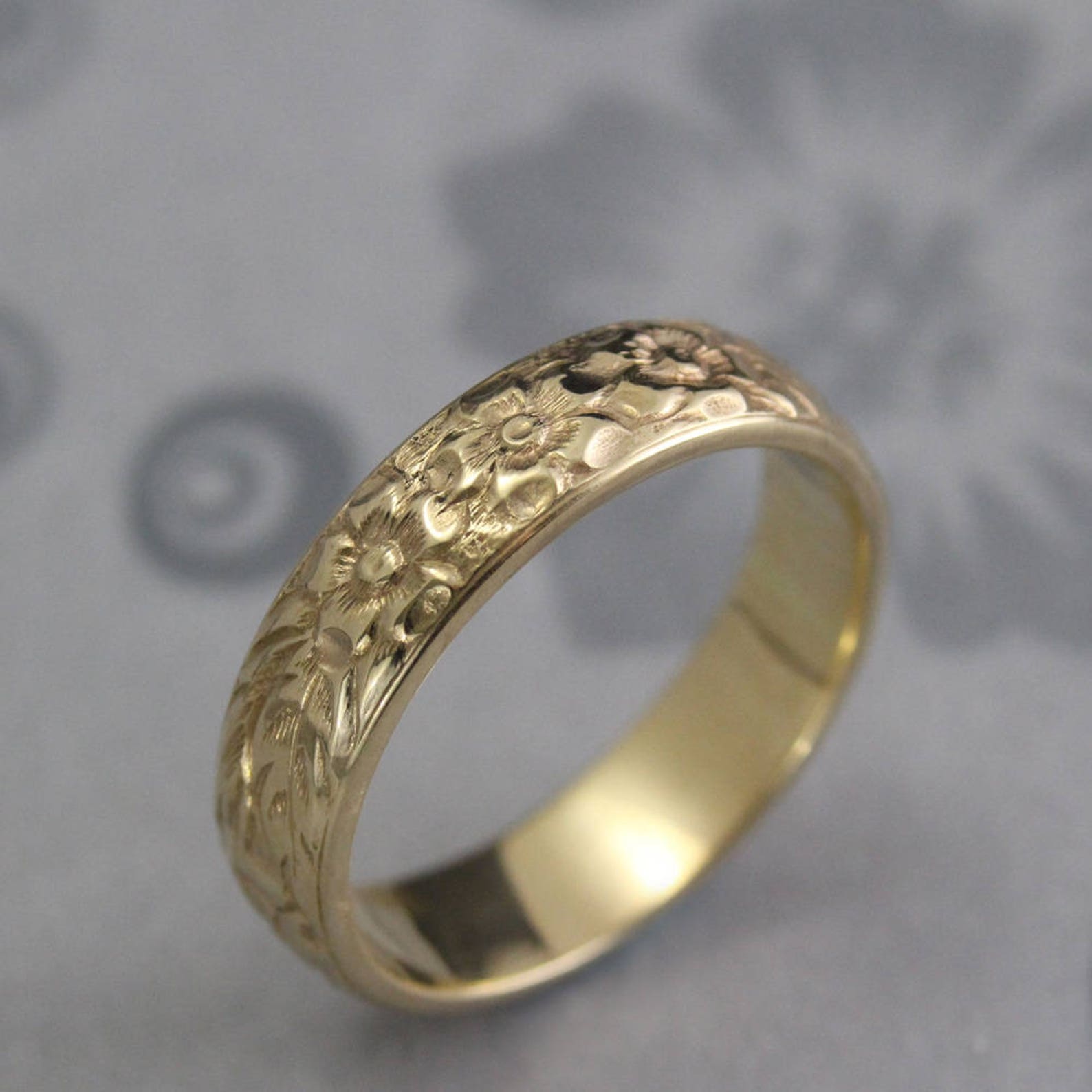 14K Gold Floral RingGold Wedding BandWide Gold BandGold | Etsy