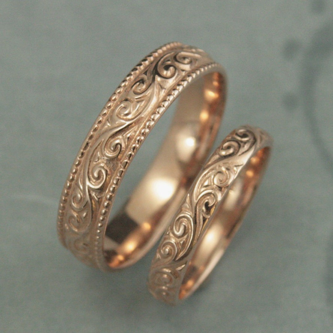 Antique Style Wedding Rings Flourish Wide Wedding Set 14K Rose Gold ...