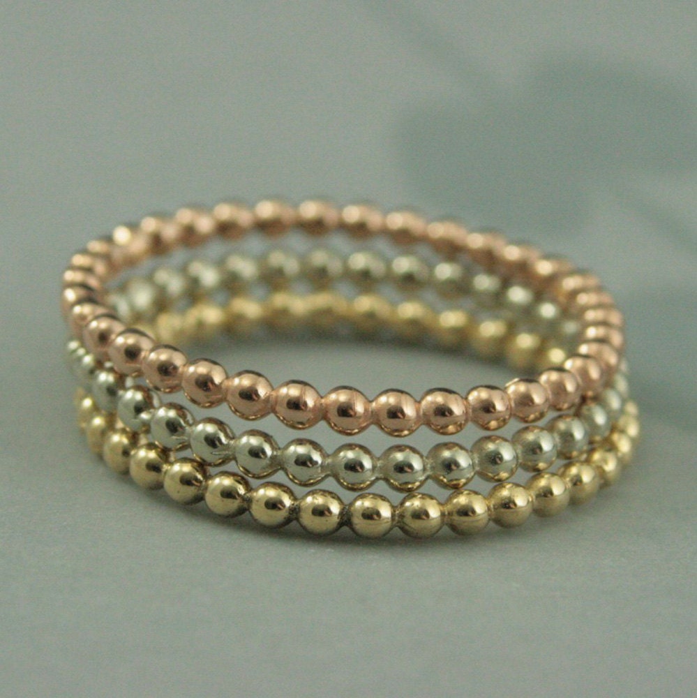 Solid 14K Gold Tri Color Bubble Band Stacking SetBeaded | Etsy