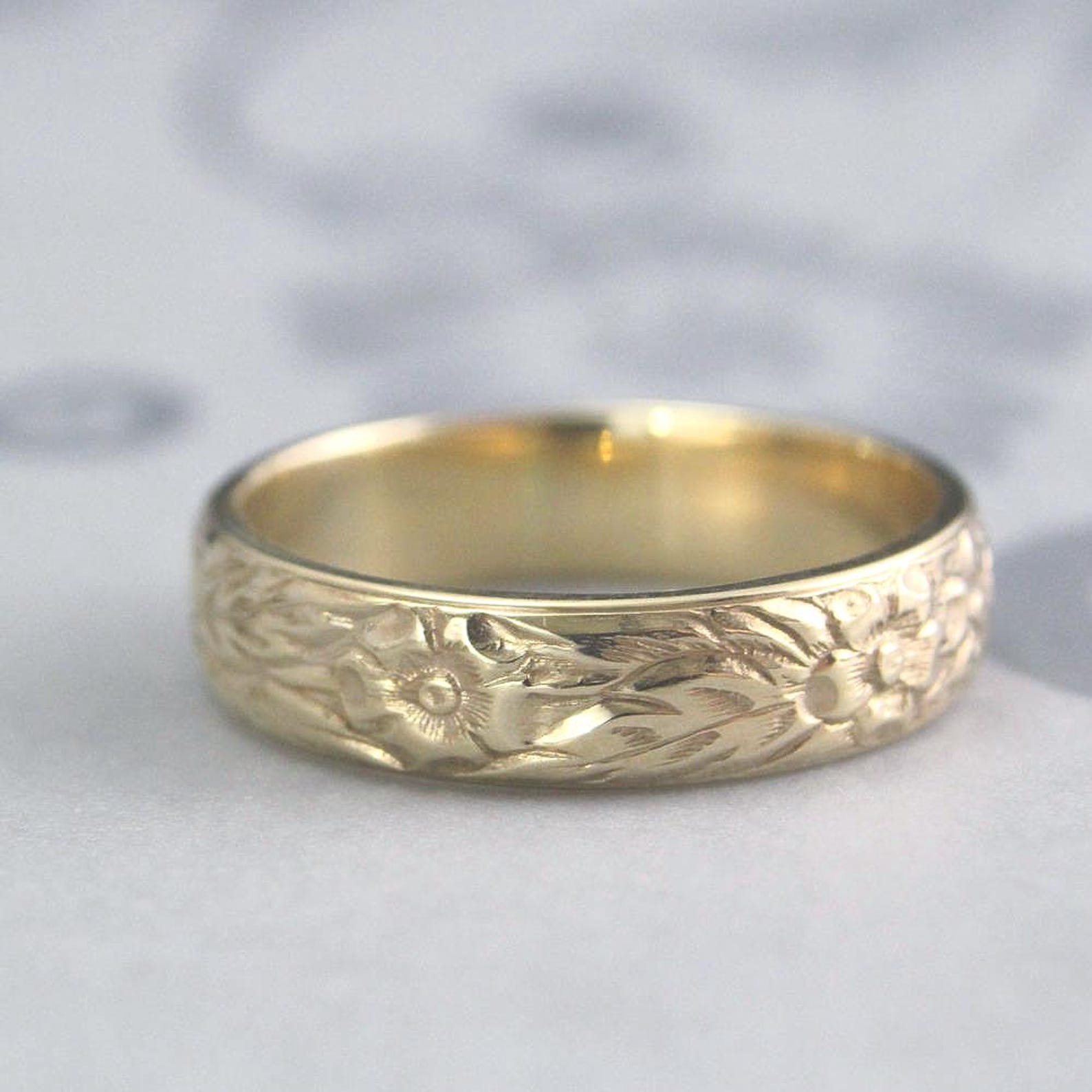 14K Gold Floral Ring~gold Wedding Band~wide Gold Band~gold Flower Band ...