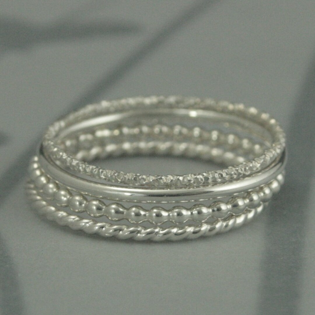 Textured Stack Set of Silver Rings Four Textured Rings Beaded Ring ...