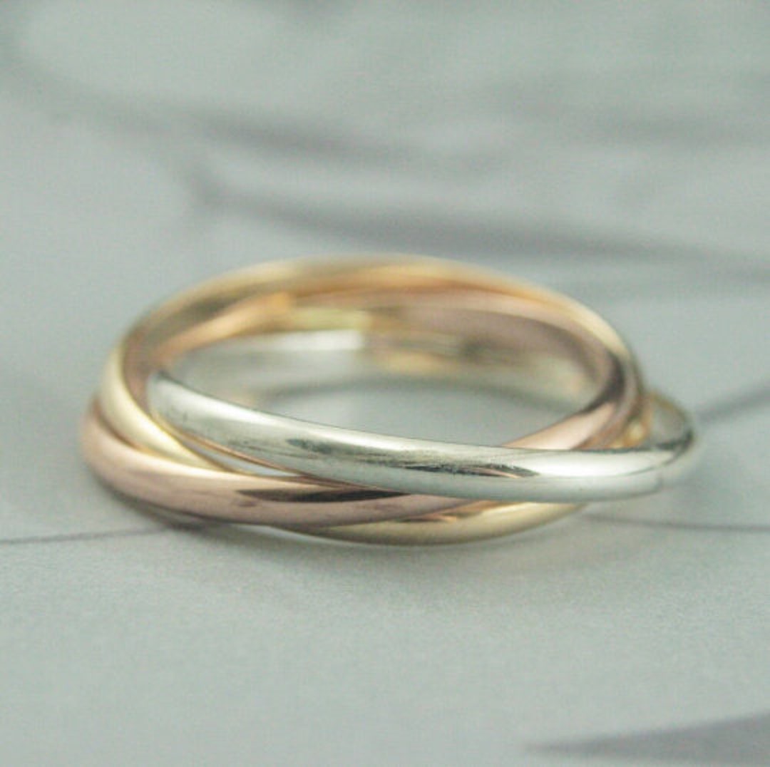 Triple Ring Interlocking Rings Triplet Band Tri Color Rolling Ring 2mm Wide Bands Silver and ...