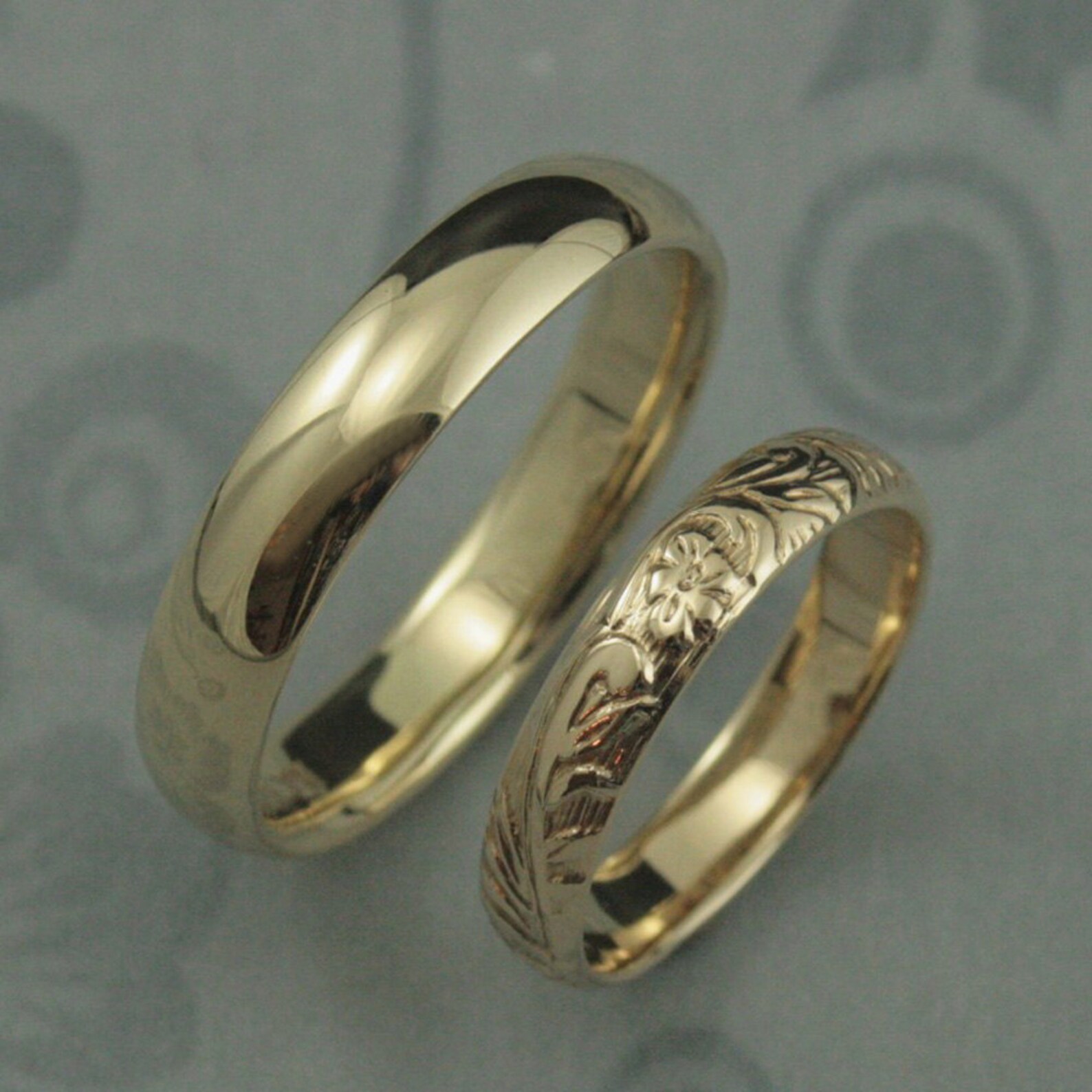 Yellow Gold Wedding Band Setcomfort Fit Band and Floral - Etsy