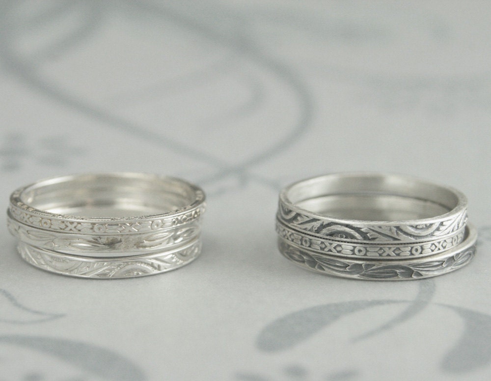 Fan and Feather Stacking Ringsolid Sterling Silver Engraved - Etsy