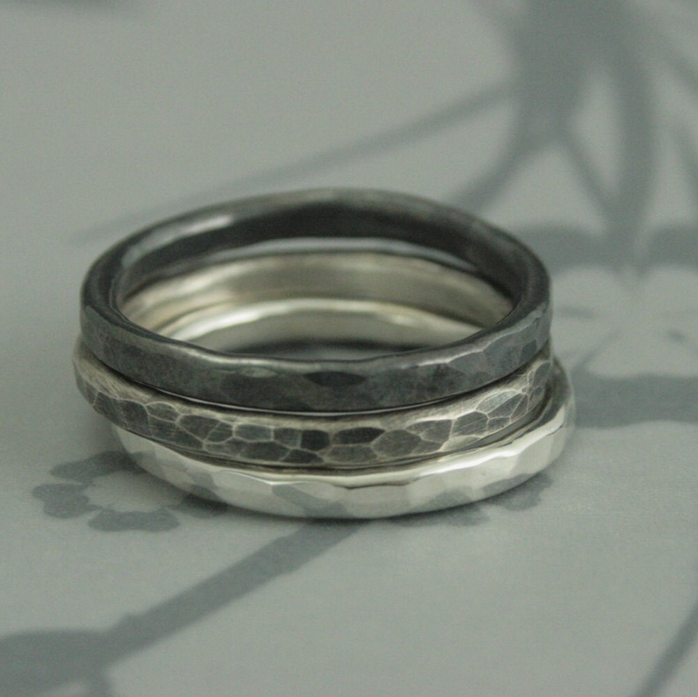 Ombre Silver Lava Set Solid Sterling Silver Hammered Stacking - Etsy