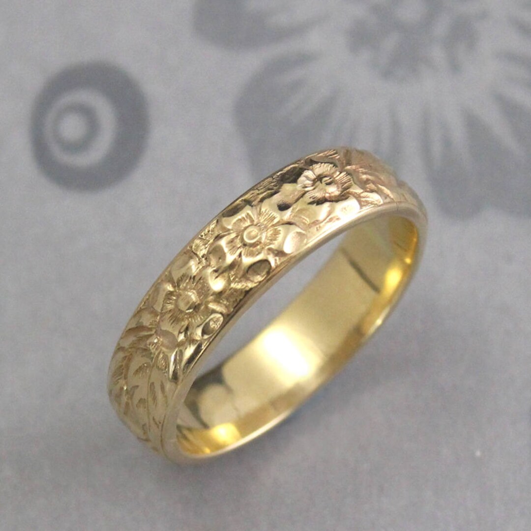 14K Gold Floral Ring~gold Wedding Band~wide Gold Band~gold Flower Band ...