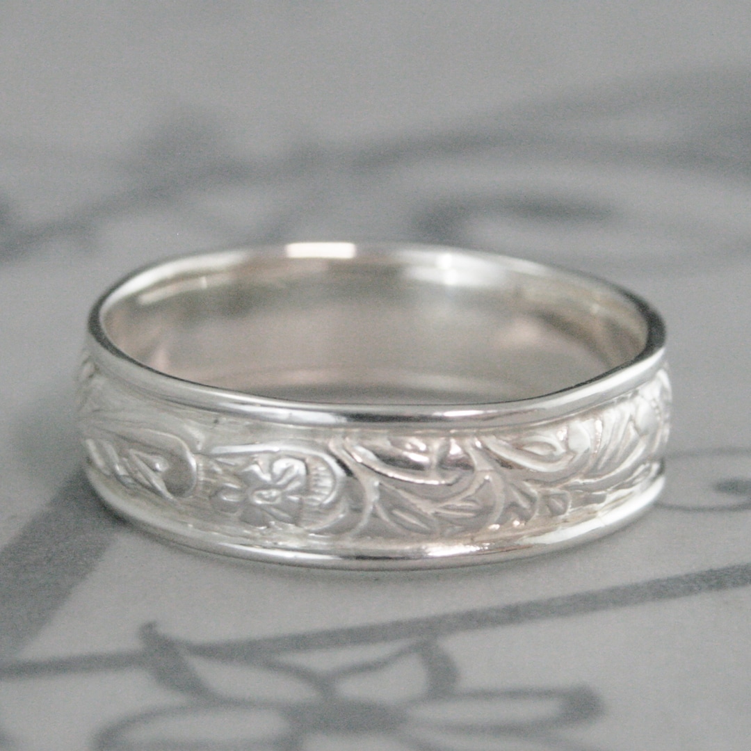 Wide Silver Band Men's Wedding Ring Floral Embossed Ring Women's Silver ...