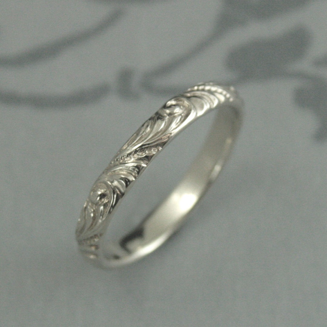 White Gold Wedding Band Florence Flourish Patterned Ring Vintage Style ...